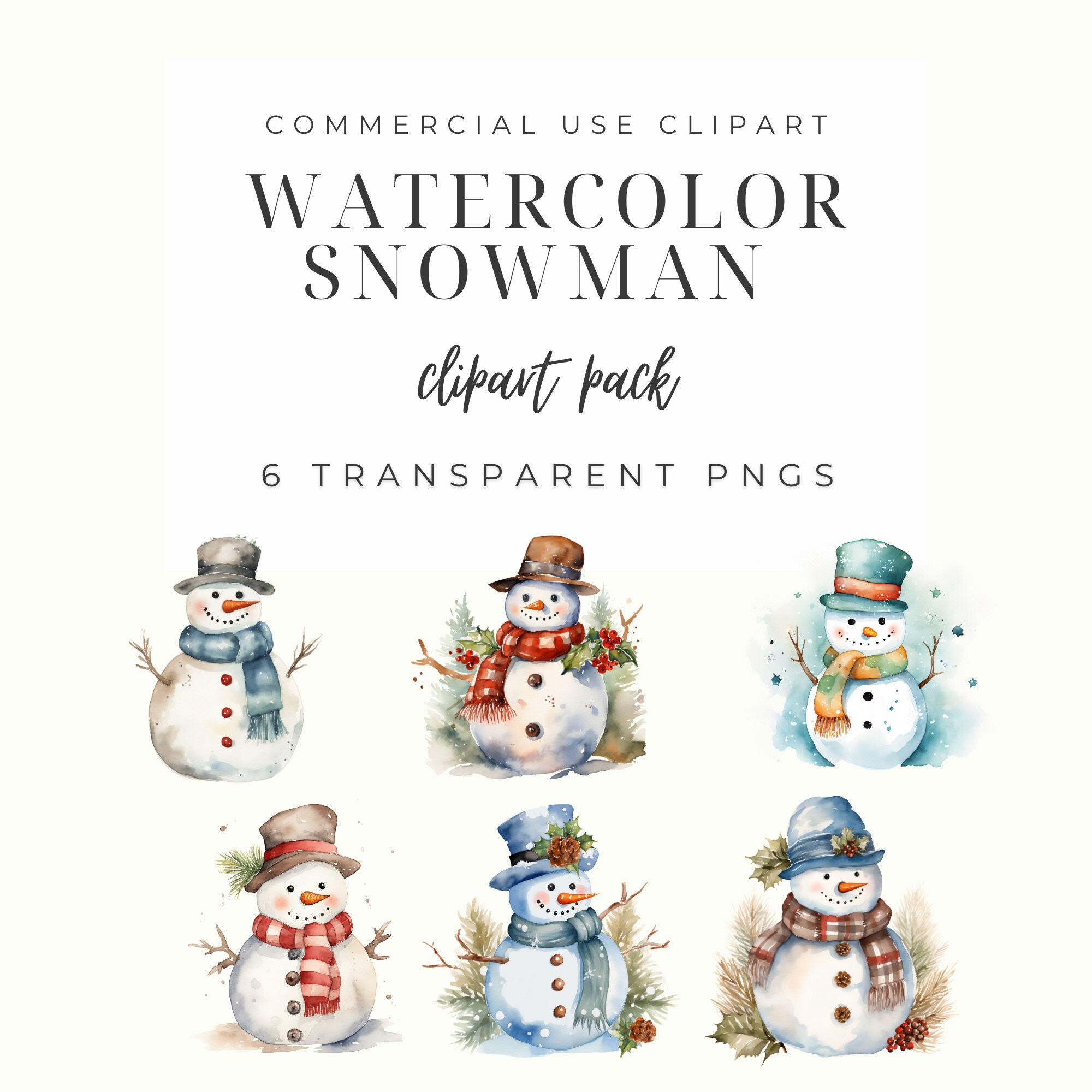 6 Pack Watercolor Snowman Clipart PNG Transparent - Etsy