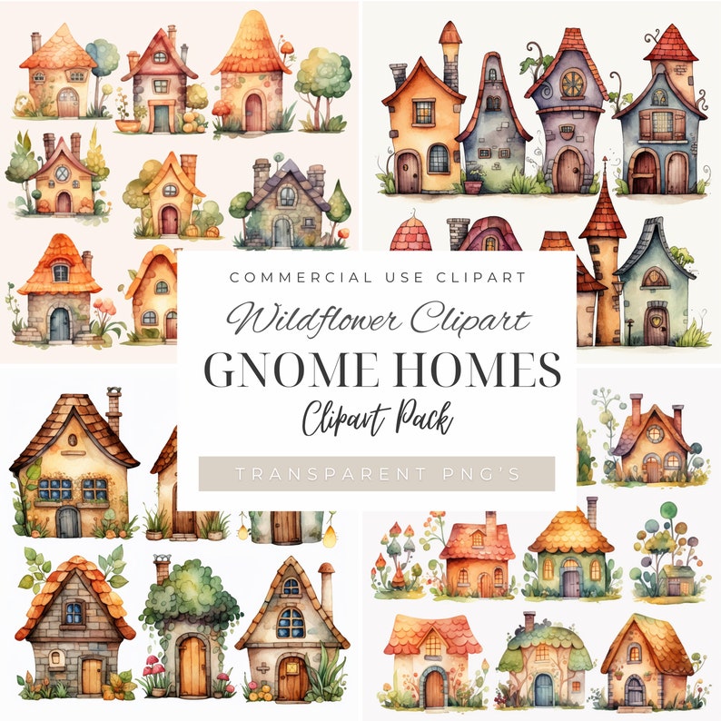 100 Fairy & Gnome Watercolor Clipart Houses Homes Pngs - Etsy
