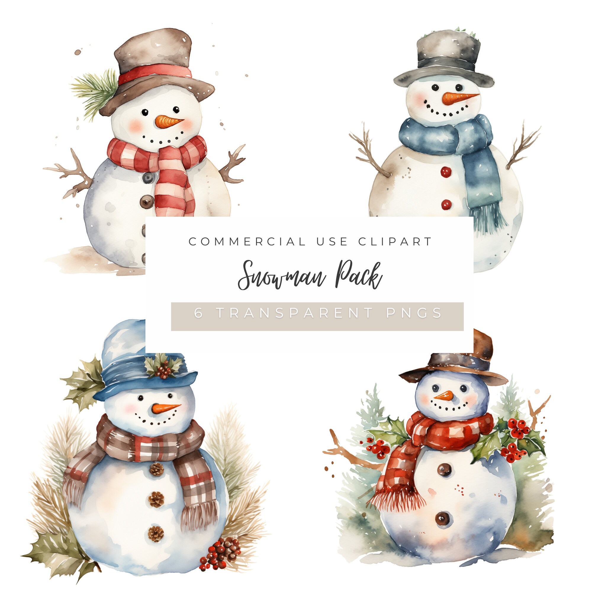 6 Pack Watercolor Snowman Clipart PNG Transparent - Etsy