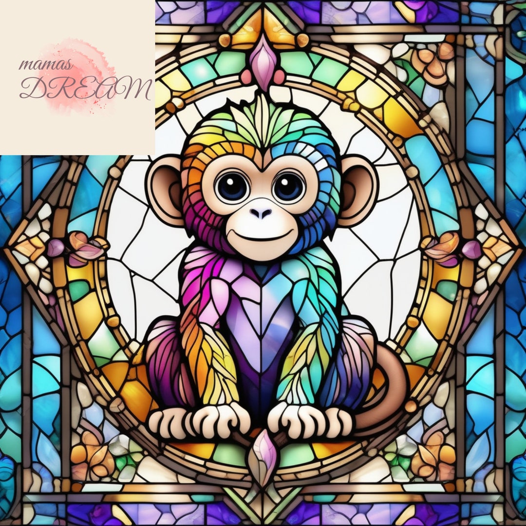 Stained Glass Baby Monkey, Stained Glass Decore, Stained Glass Digital ...