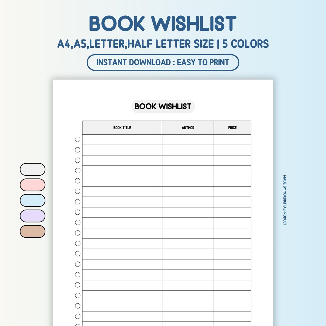 Book Wishlist Printable | Reading Wish List | Books to Read | Book ...