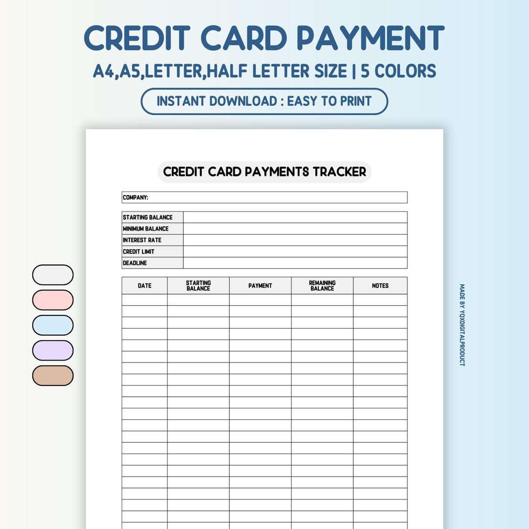 Credit Card Payments Tracker Credit Card Tracker Debt Payment Tracker ...