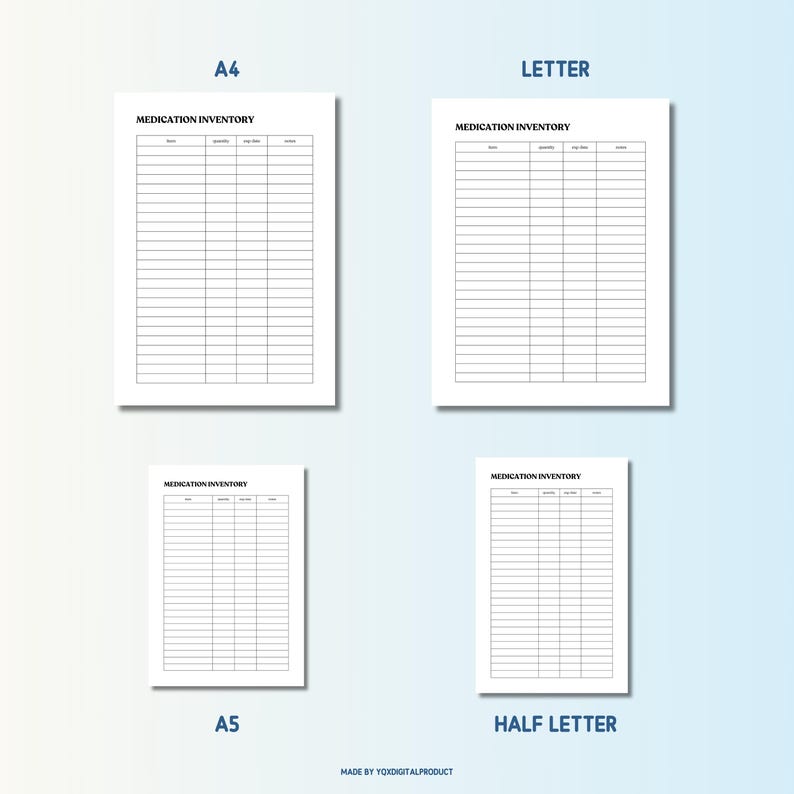 Medication Inventory | Inventory List | Medication Log | A4,a5,letter ...