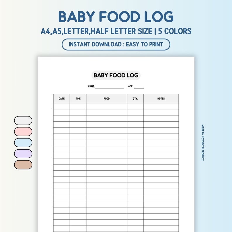 Baby Food Log Printable Baby Food Planner Baby's Foods Tracker Solid ...