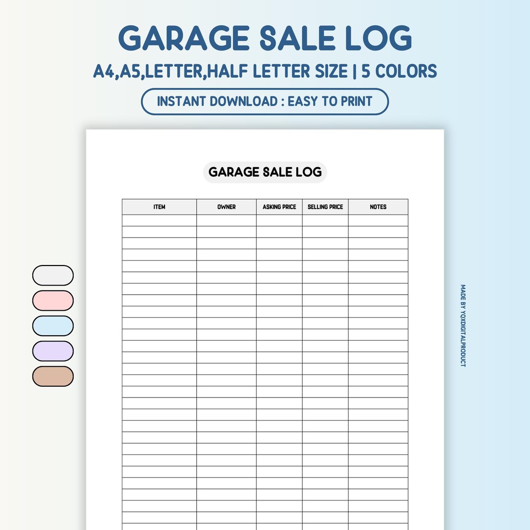 Garage Sale Log Garage Sale Record Yard Sale Log A4,a5,letter,half ...
