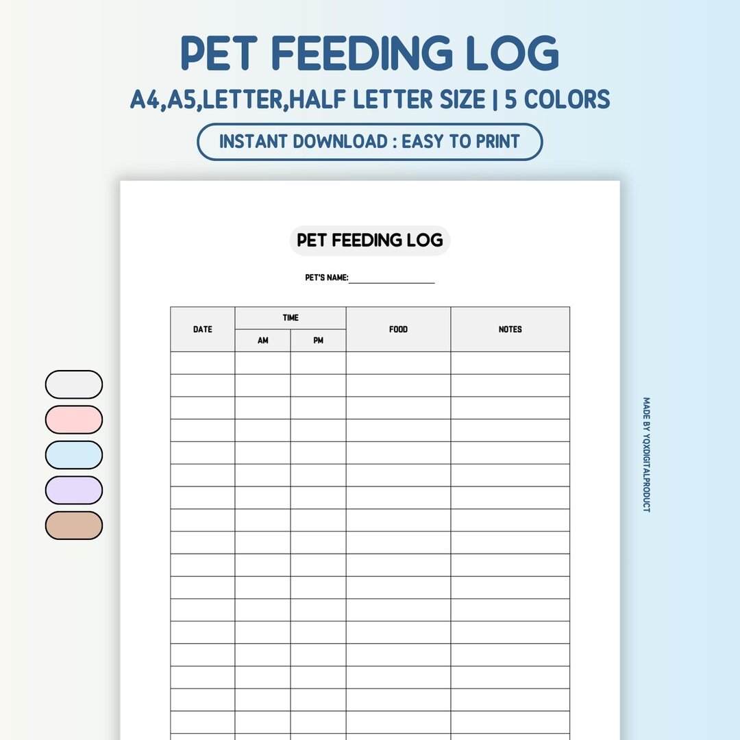 Pet Feeding Log Printable Pet Eating Record Pet Feeding Schedule Pet ...