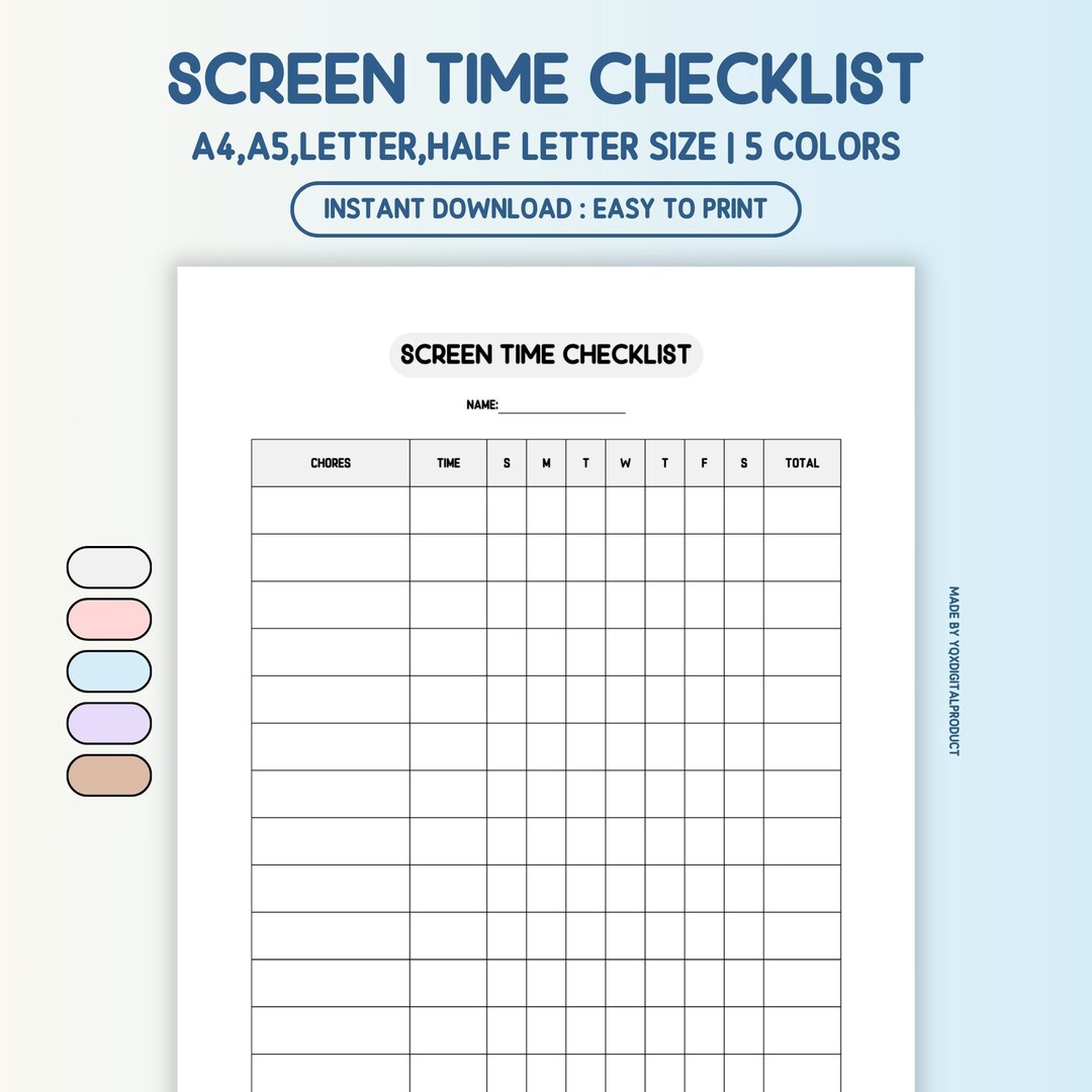 Screen Time Checklist Printable Earn Screen Time Kids Chore Chart ...