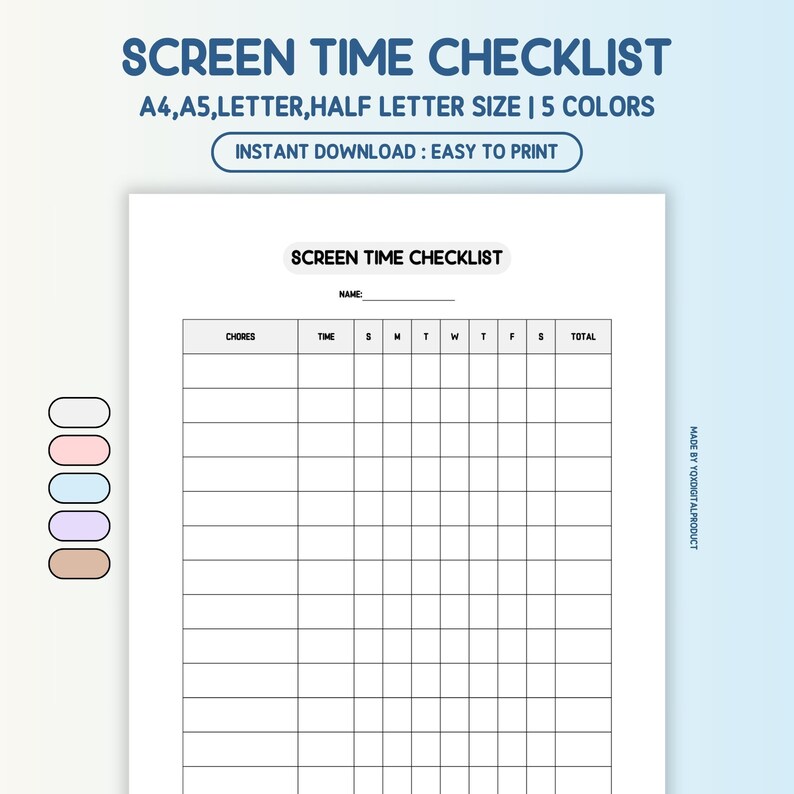 Screen Time Checklist Printable Earn Screen Time Kids Chore Chart ...