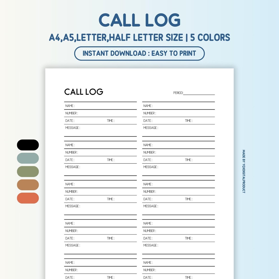 Call Log Printable | Call Message Log | Phone Call Log | Missed Call ...