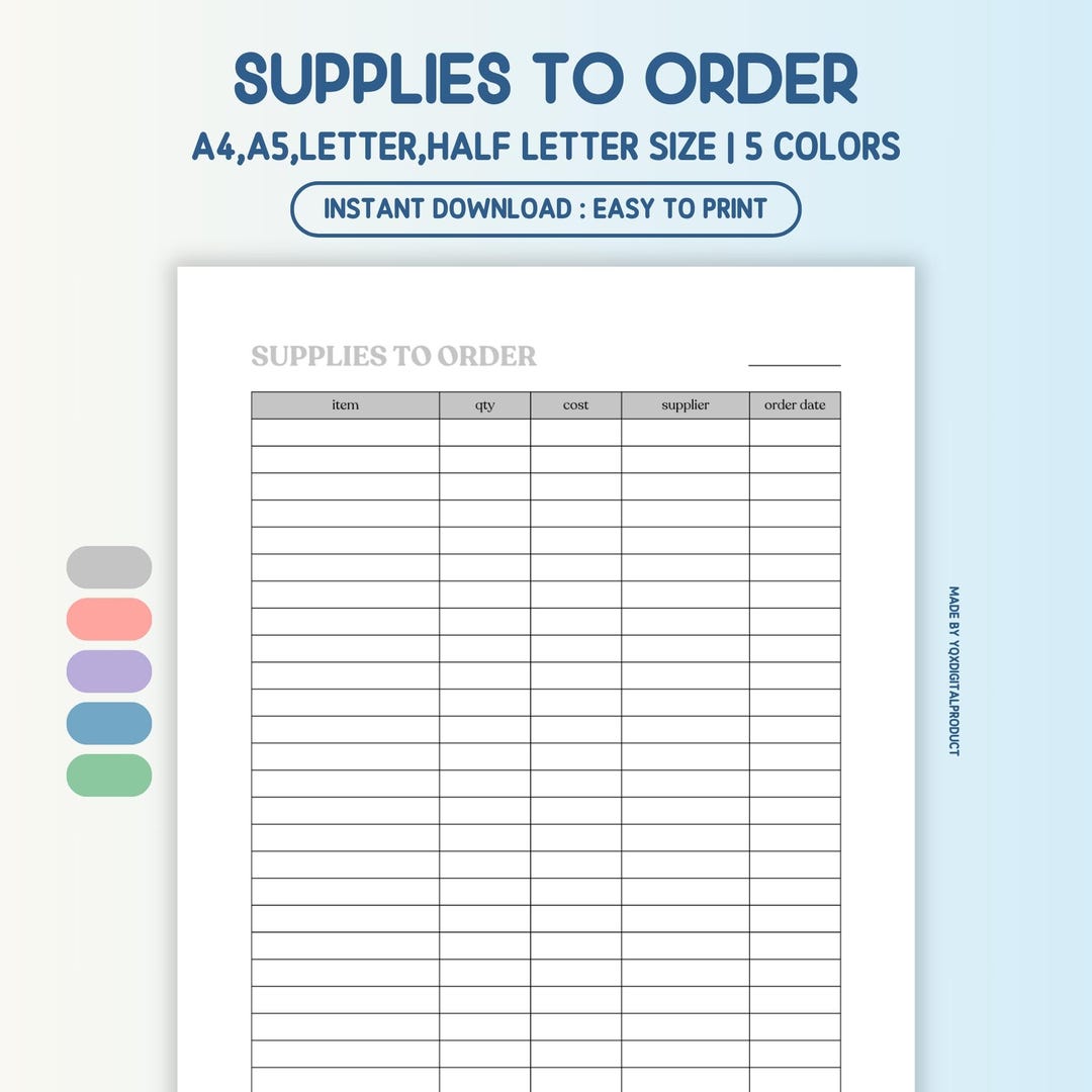 Supplies to Order, Supply Order Form, Supplies Management, Business ...