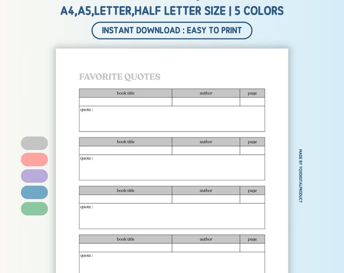 Favourite Quote Tracker Printable, Quote Journal Printable ...