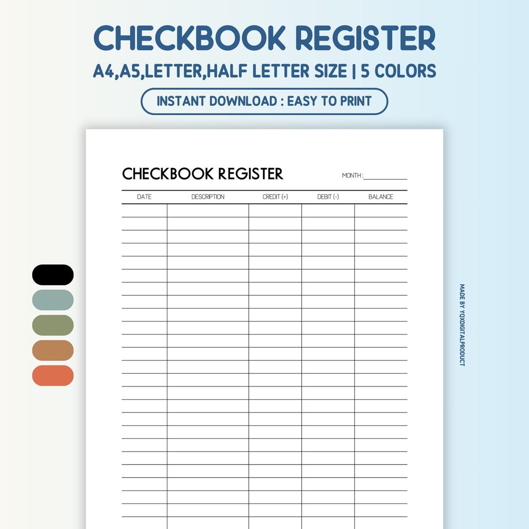 Checkbook Register, Checkbook Log, Transaction Tracker, Financial ...