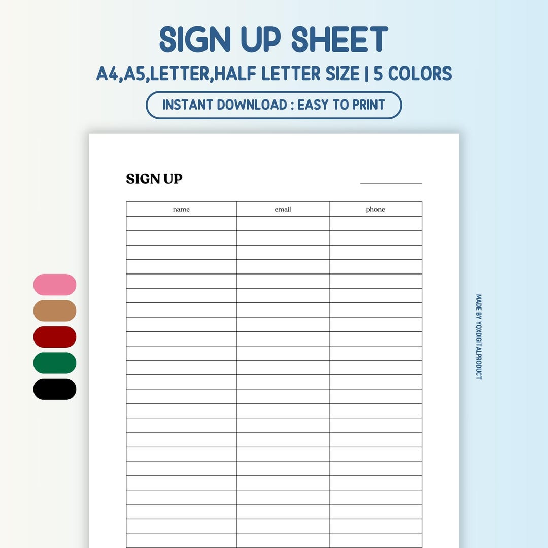 Sign up Sheet, Customer Sign Up, Sign up Form, Event Sign Up, Party ...