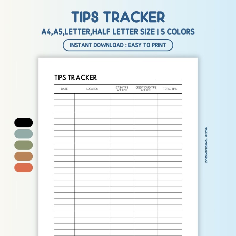 Tips Tracker, Tip Log, Waiter Tip Tracker, Financial Planner | A4,a5,letter,half Letter Size ...