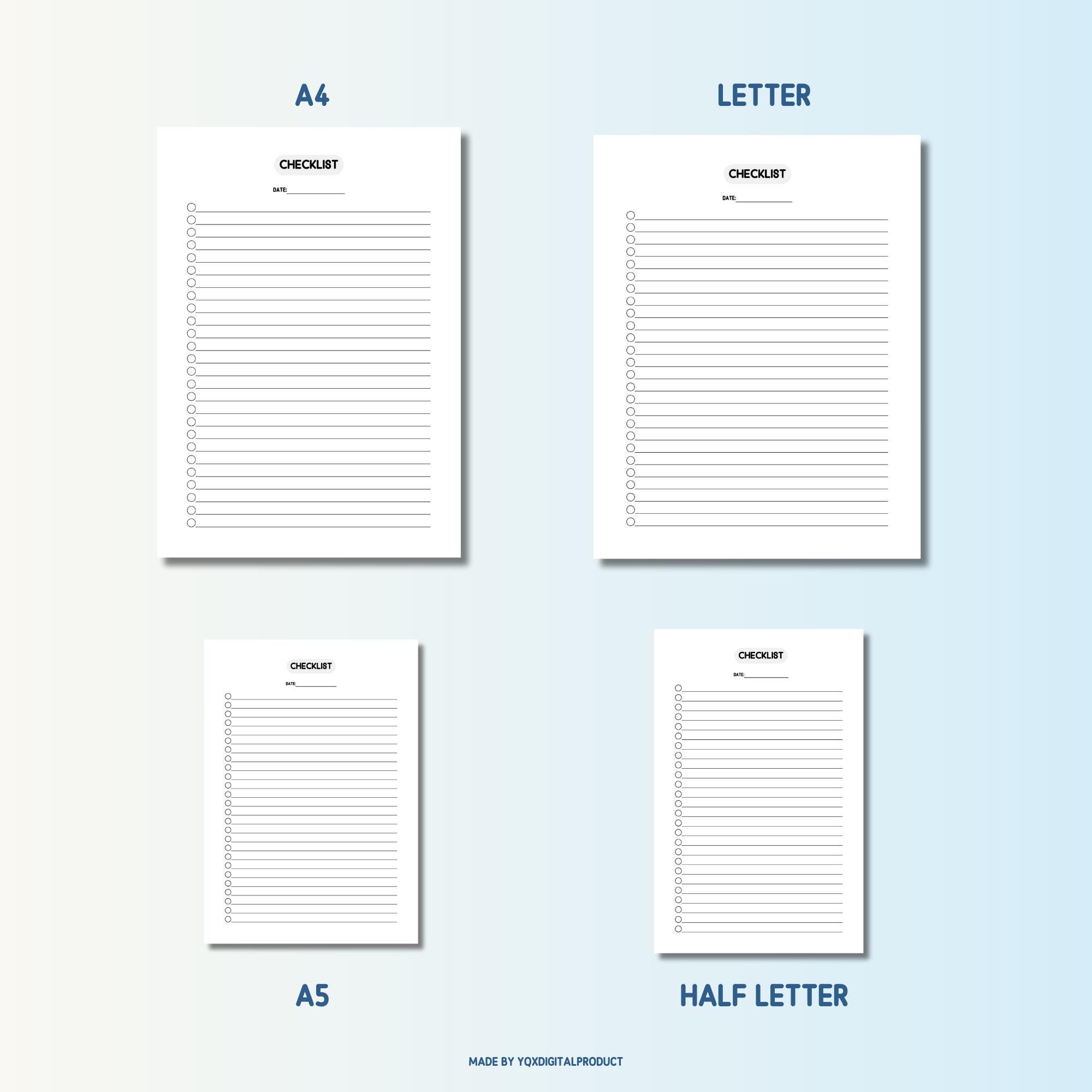 Blank Checklist Template Simple Checklist Template A4,a5,letter,half ...