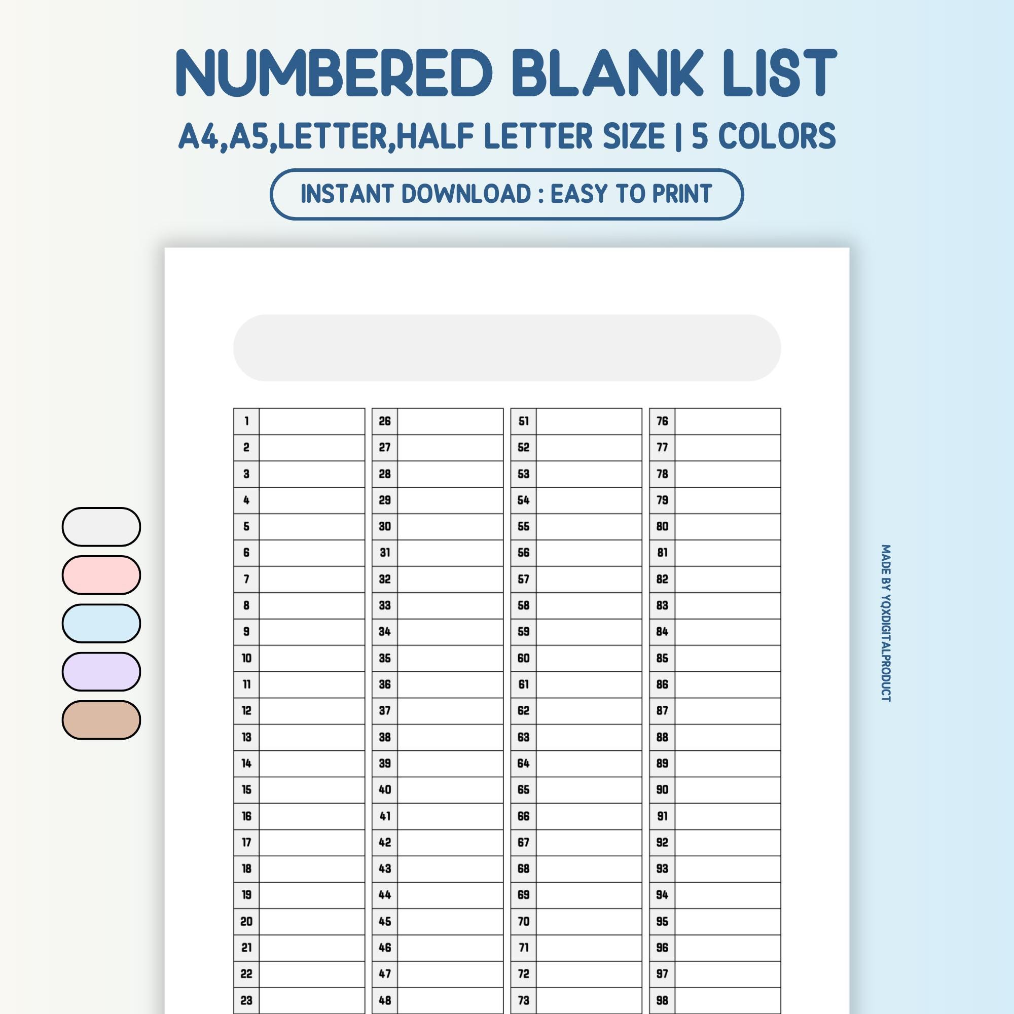 Numbered Blank List | Blank List Template | Simple List Template | A4 ...
