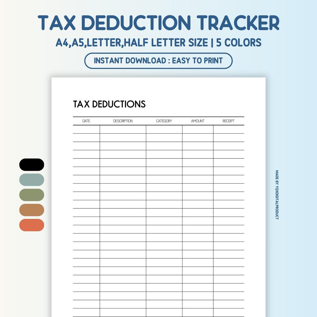 Tax Deduction Tracker, Business Tax Log, Sales Tax Form, Financial ...