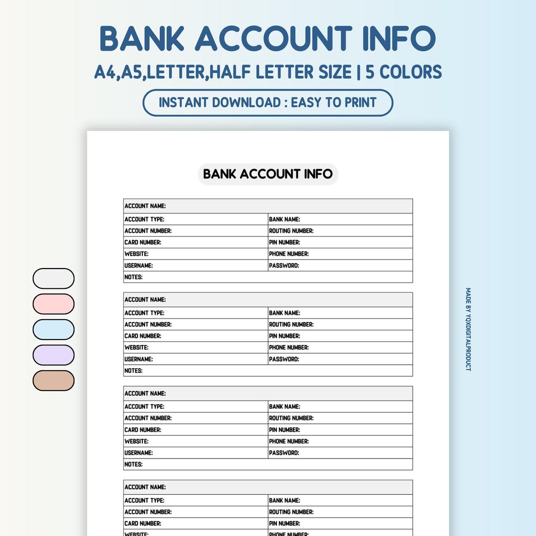 Bank Account Information Tracker Bank Account Log Bank Account Detail ...