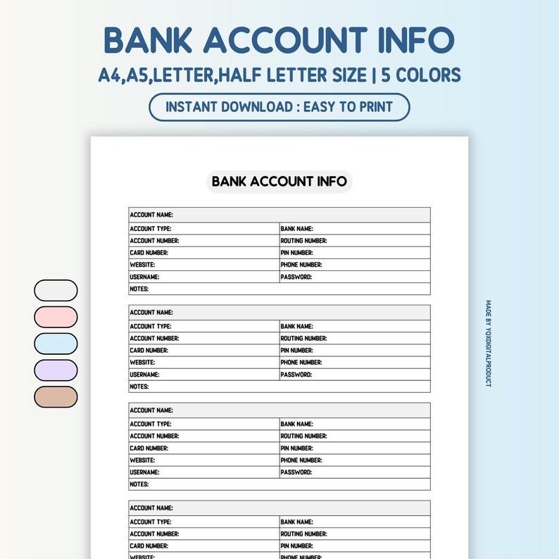 Bank Account Information Tracker Bank Account Log Bank Account Detail ...