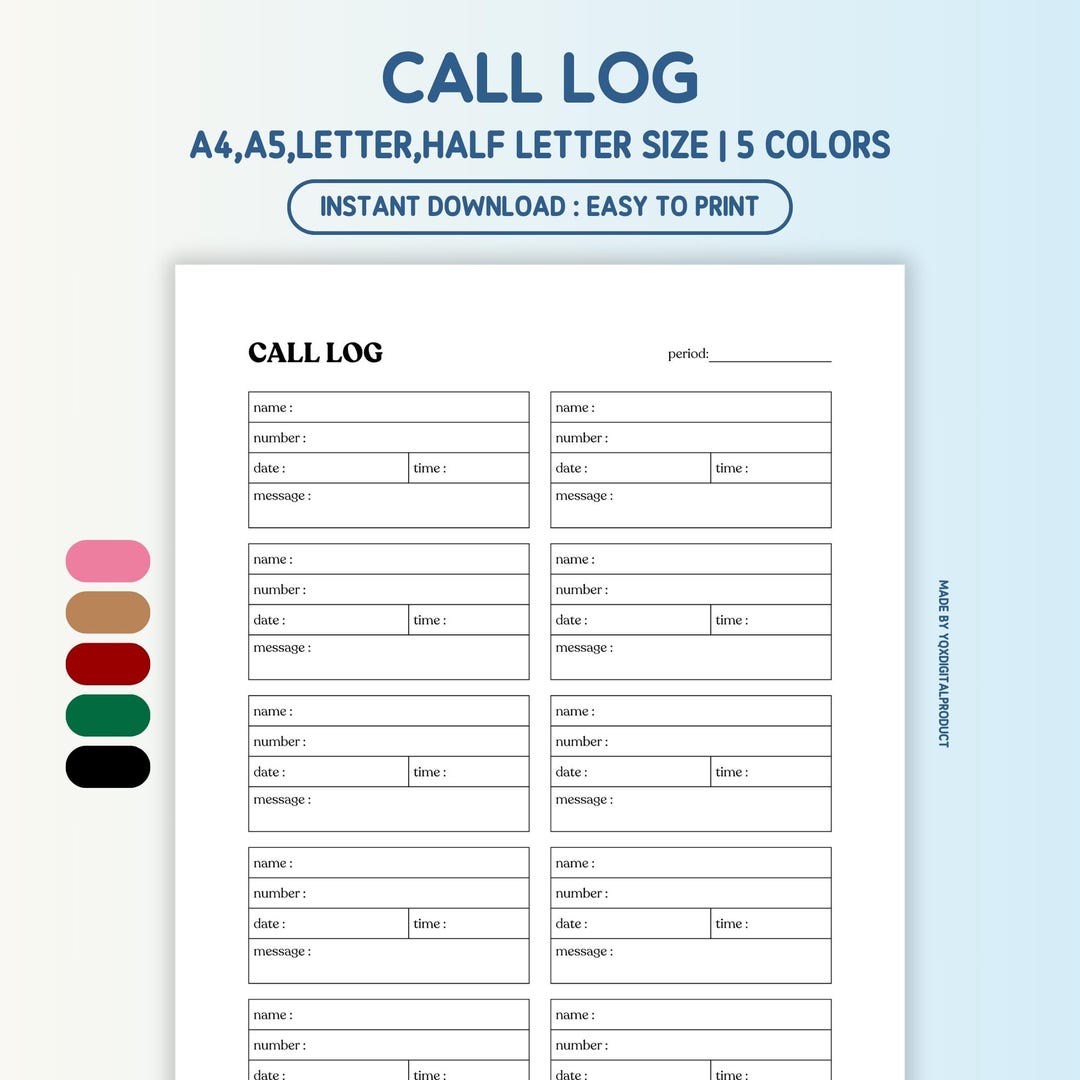 Call Log Printable | Phone Call Log | Missed Call Log | Call Message ...