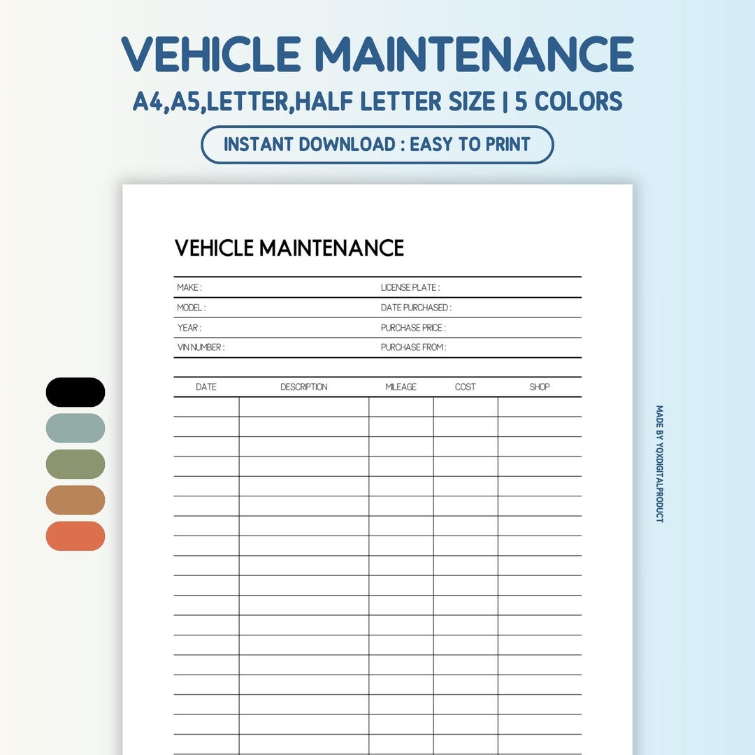 Vehicle Maintenance Log | Vehicle Expense Tracker | Vehicle Repairs ...