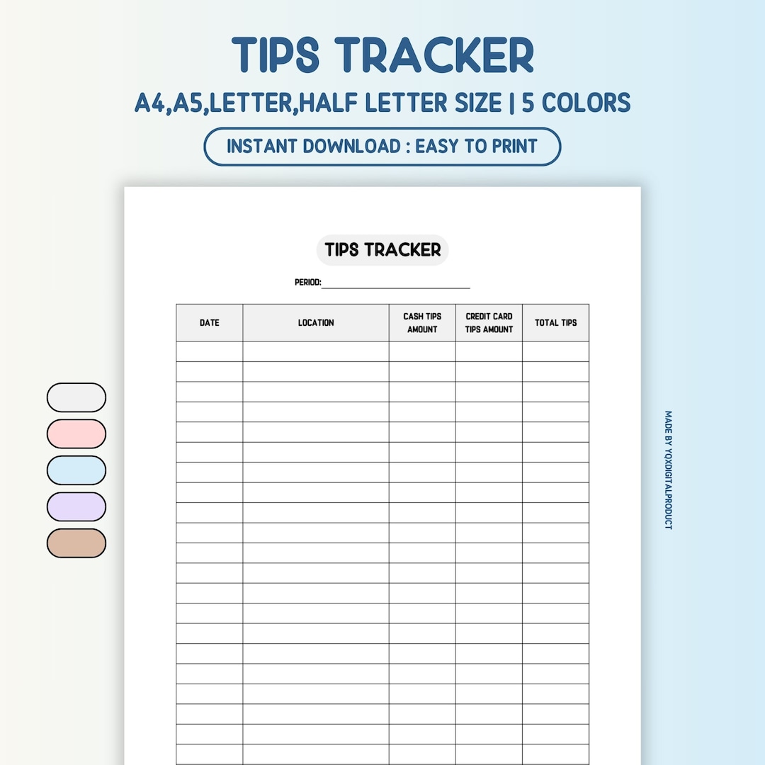 Tips Tracker Printable Waiter Tip Tracker Tips Log A4,a5,letter,half ...