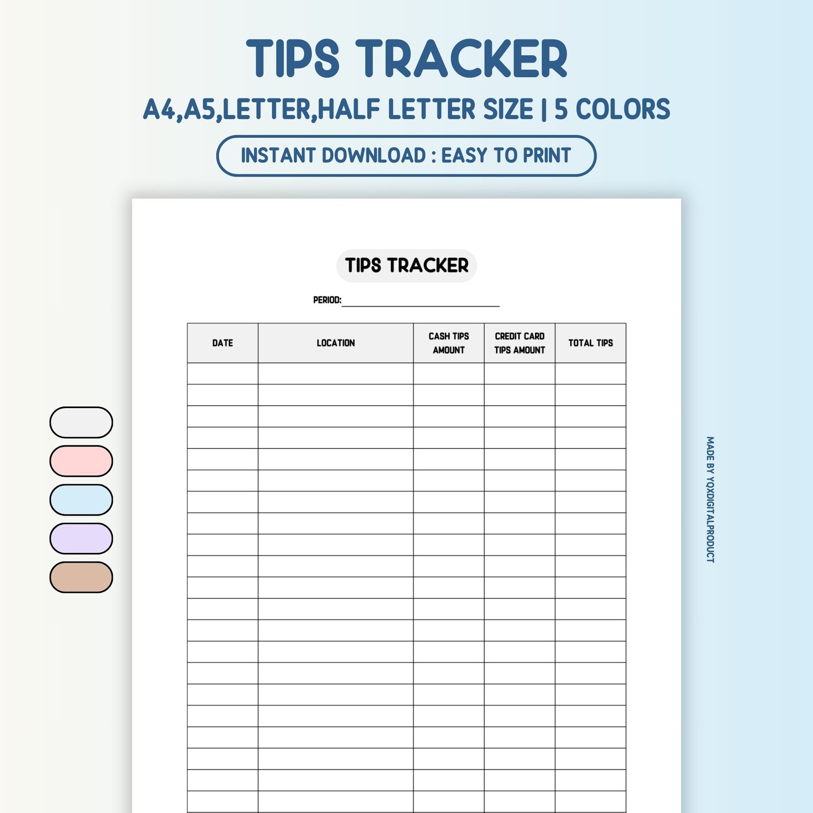 Tips Tracker Printable Waiter Tip Tracker Tips Log A4,a5,letter,half ...