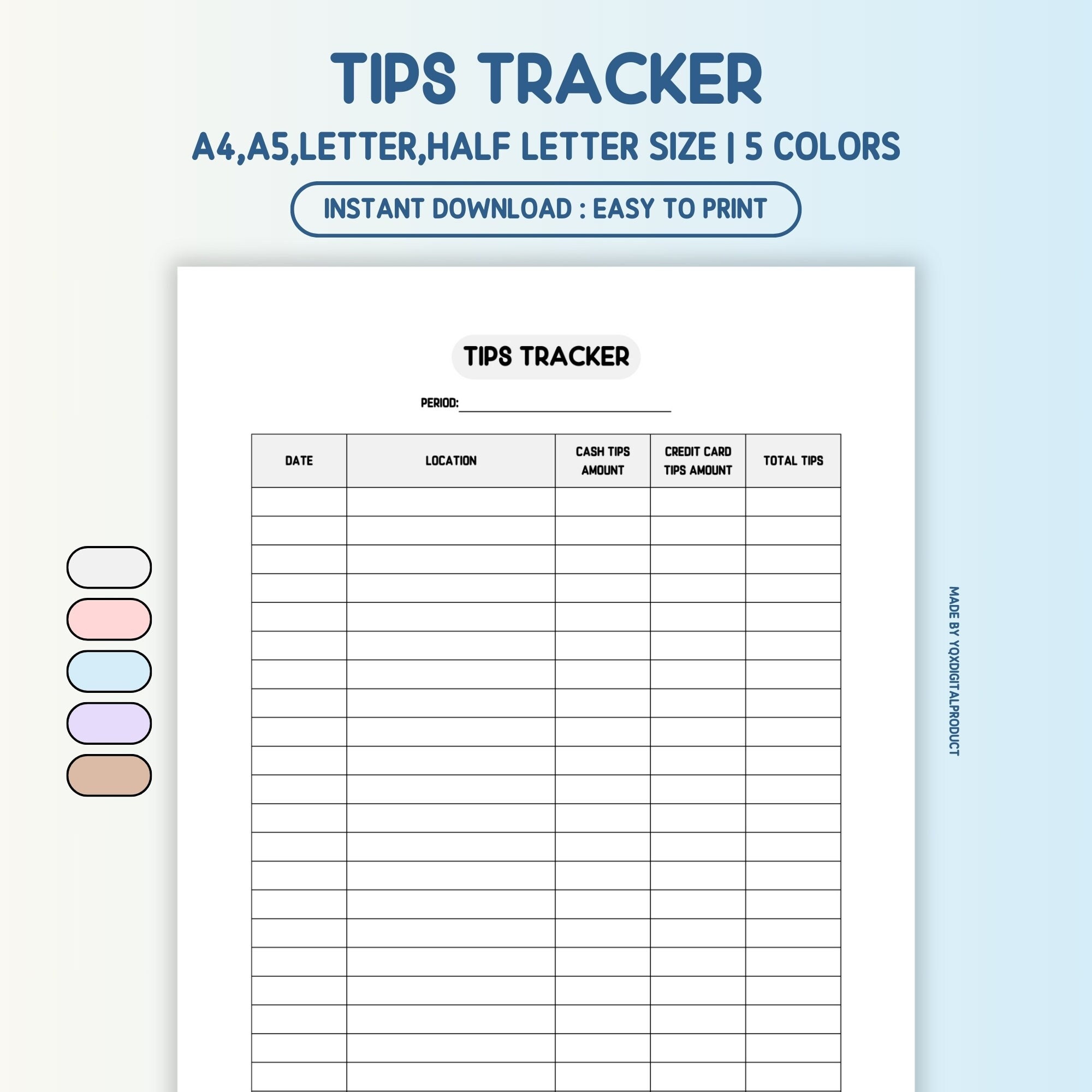 Tips Tracker Printable Waiter Tip Tracker Tips Log A4,a5,letter,half ...