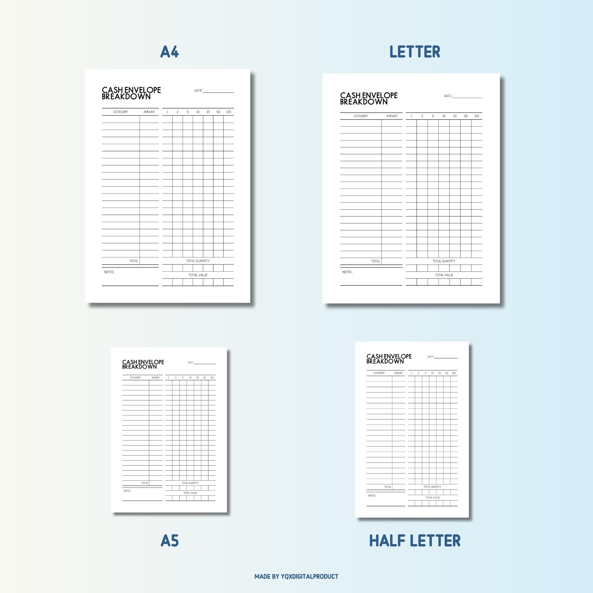 Cash Envelope Breakdown, Cash Breakdown Sheet, Cash Envelope Tracker ...