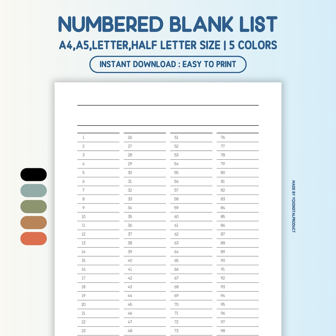 Numbered Blank List | Blank List Template | Simple List Template | A4 ...