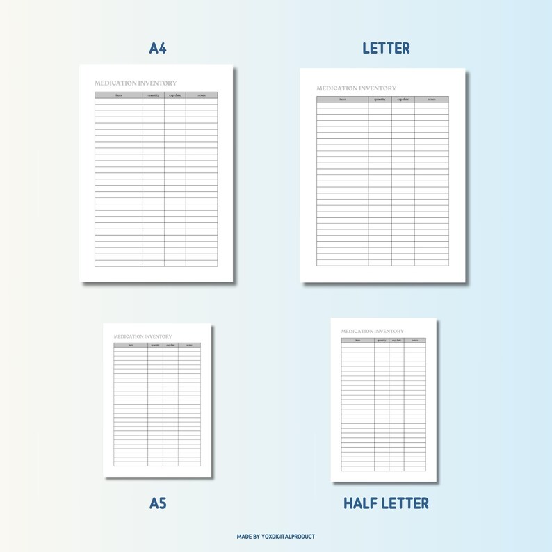 Medication Inventory | Inventory List | Medication Log | A4,a5,letter ...