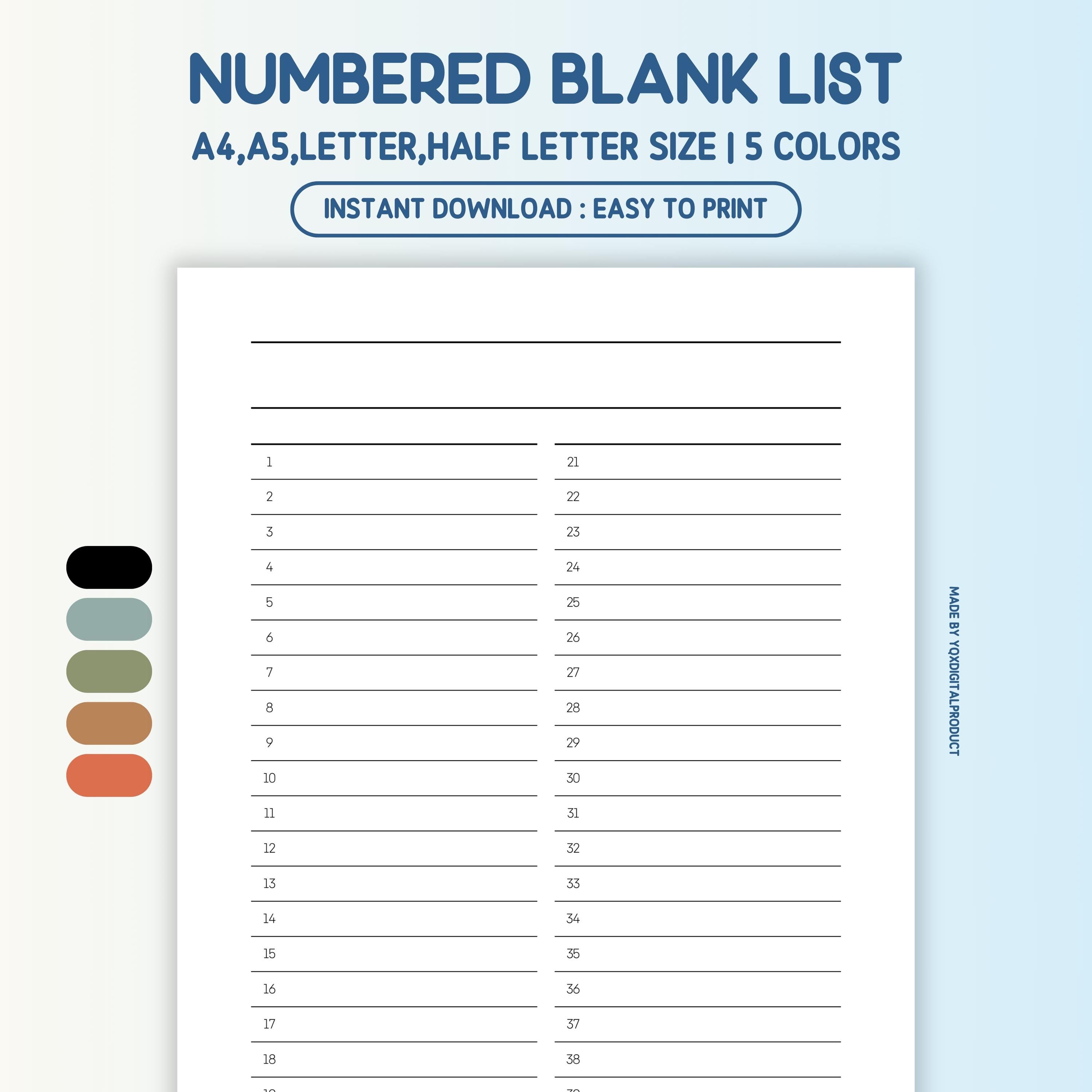 Numbered Blank List | Simple List Template | Checklist Template| A4,a5 ...
