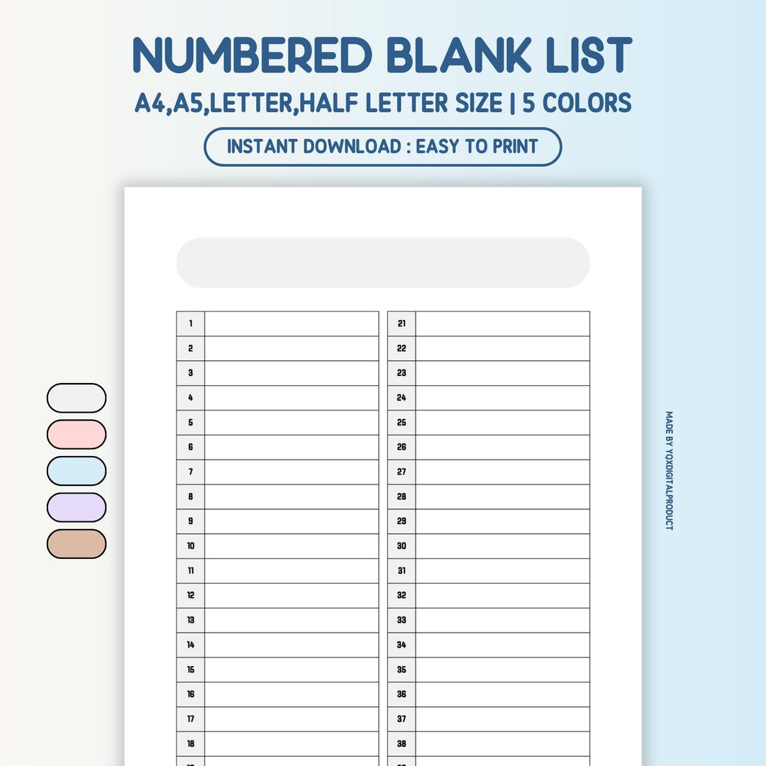 Numbered Blank List Blank List Template Simple List Template Checklist ...