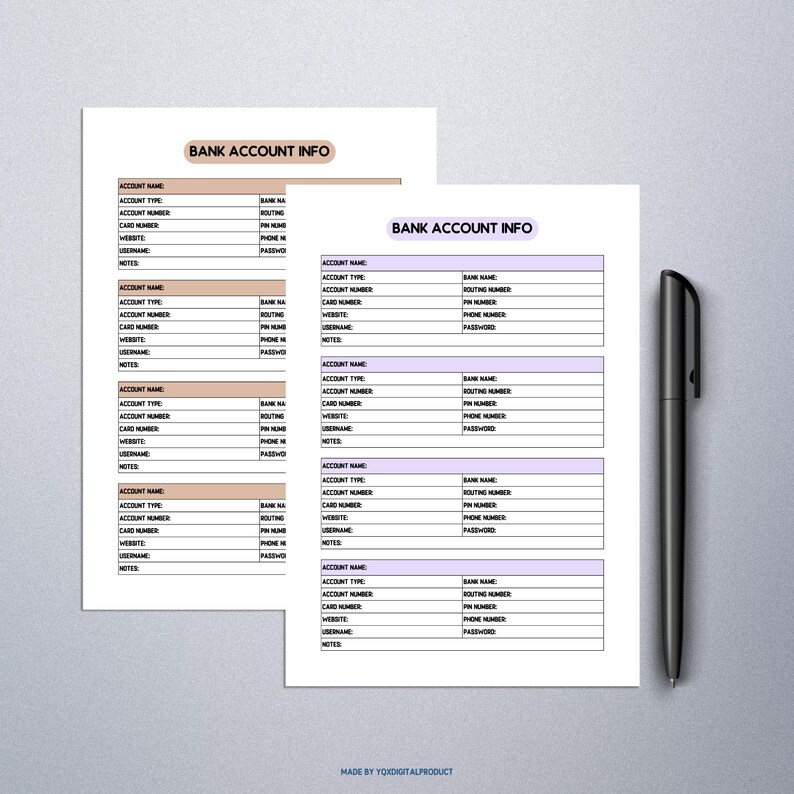 Bank Account Information Tracker Bank Account Log Bank Account Detail ...