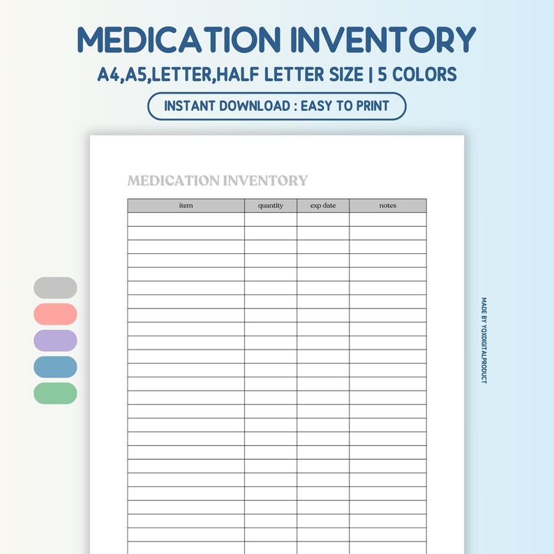 Medication Inventory | Inventory List | Medication Log | A4,a5,letter ...