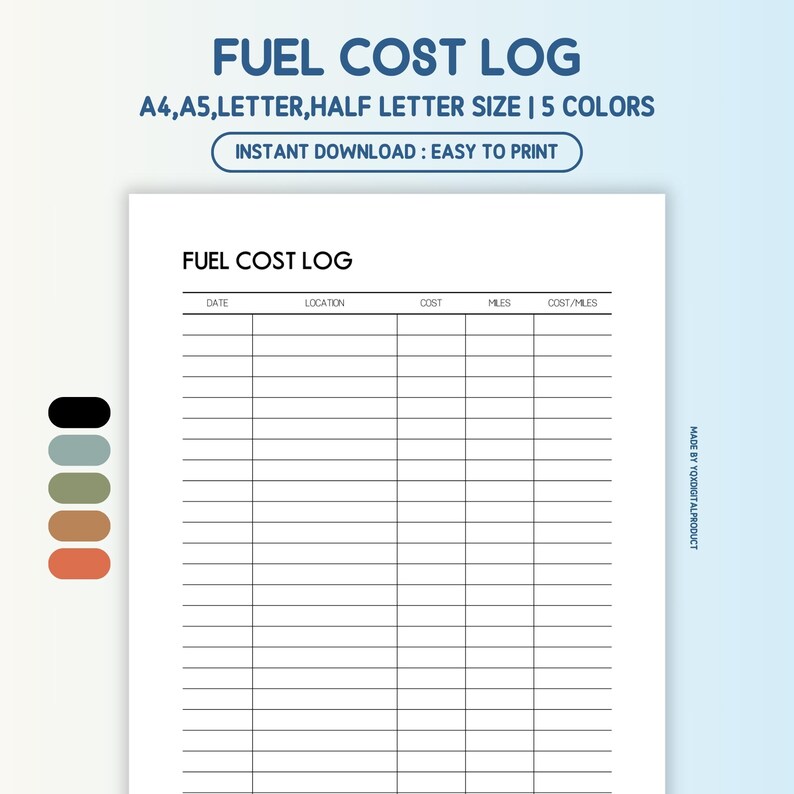Fuel Cost Log | Fuel Cost Tracker | Vehicle Fuel Cost per Mile | Fuel ...