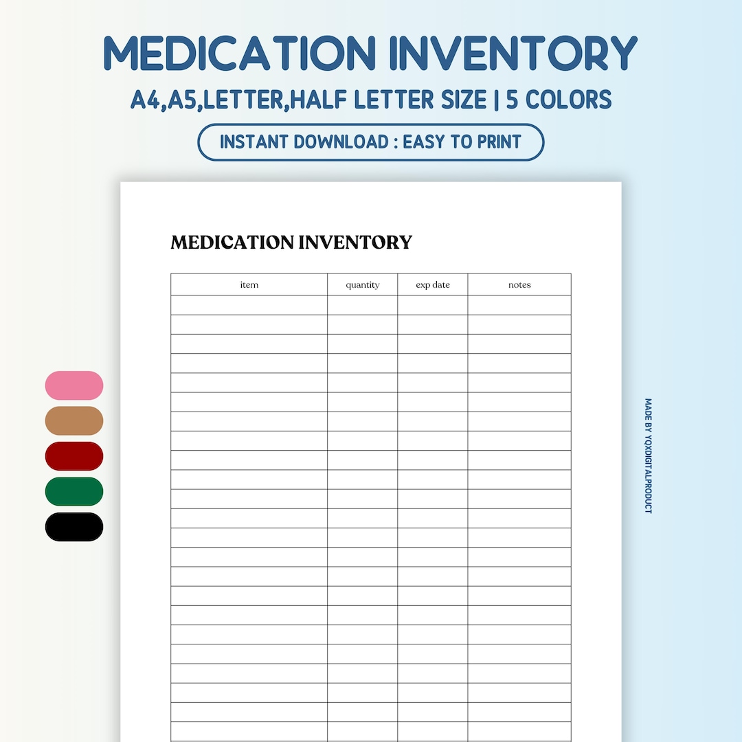Medication Inventory | Inventory List | Medication Log | A4,a5,letter ...