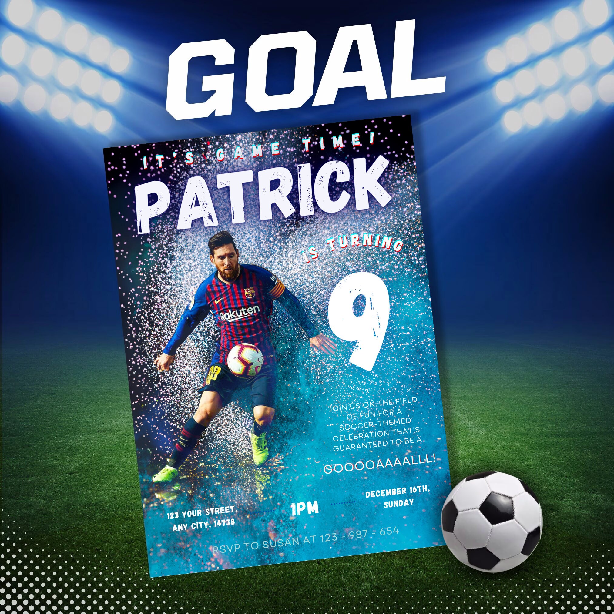 Editable Football Birthday Invitation Messi Invitation Soccer Player ...