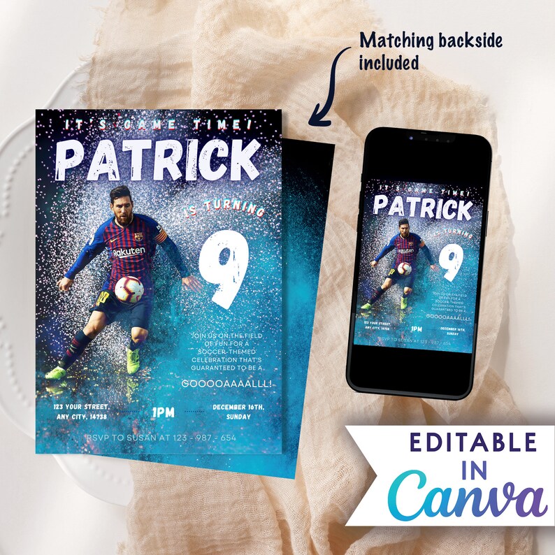 Editable Football Birthday Invitation Messi Invitation Soccer Player ...