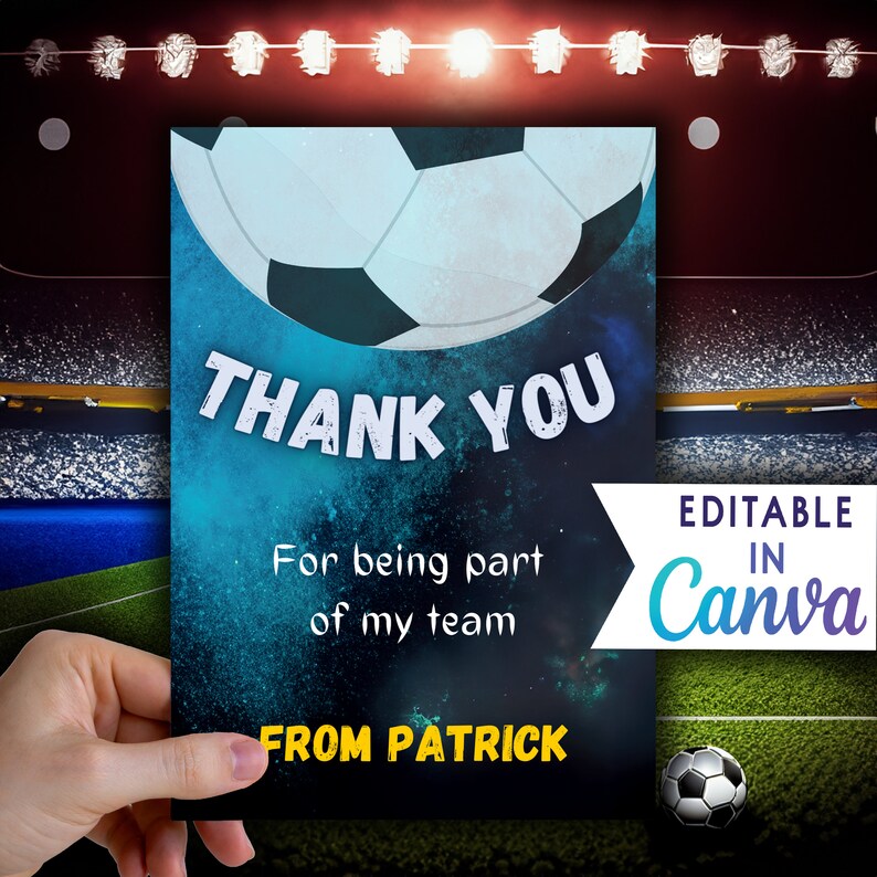 Editable Football Birthday Thank You Card Invitation Soccer Player Boy ...