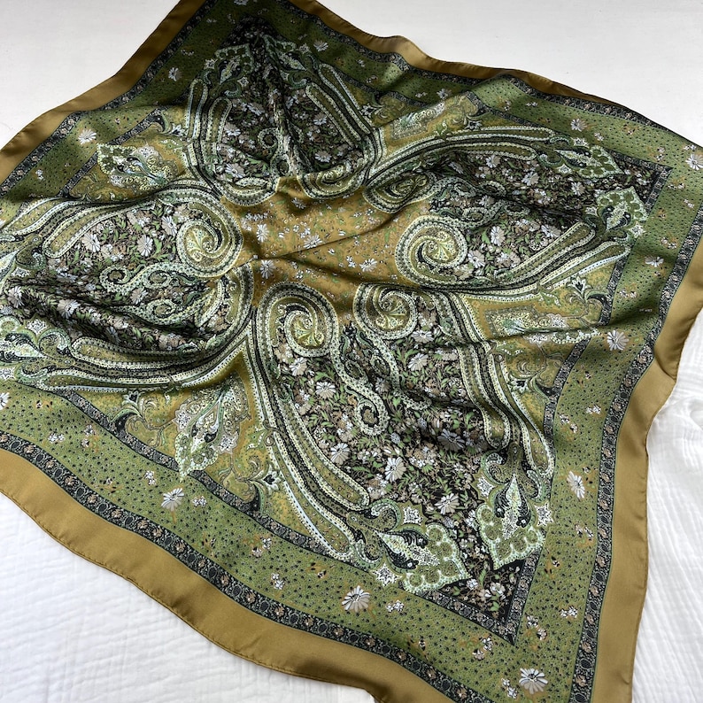 Olive Green Silk Square Scarf, Vintage Style, Satin Bandana, Hair Tie ...