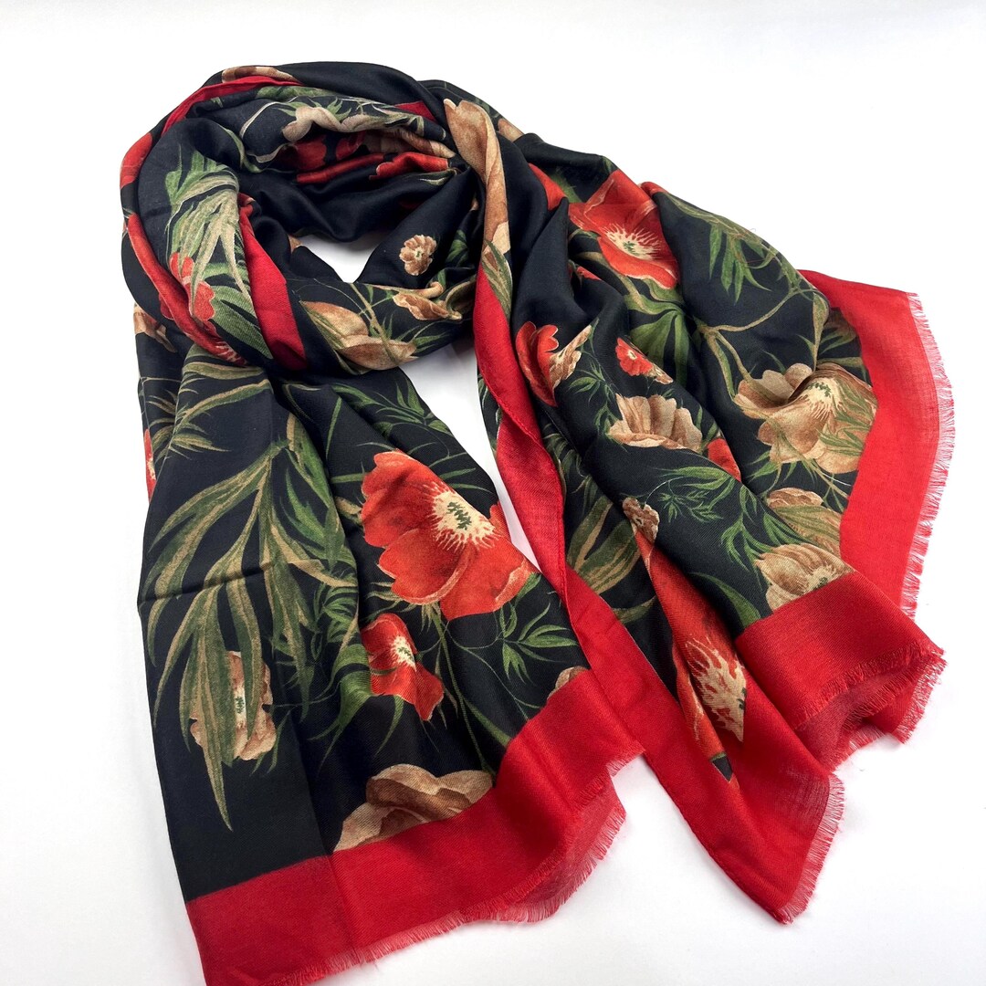 Black Scarf, Red Poppy Floral Print, Cotton Viscose Wrap Shawl - Etsy