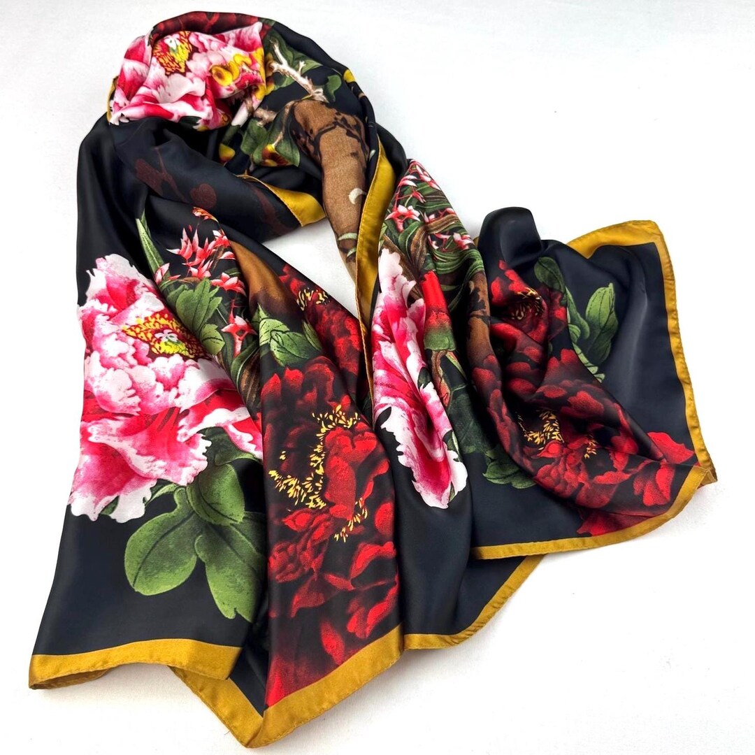 Black Peony Silk Scarf, Ladies Satin Wrap Shawl Skirt Sarong ...