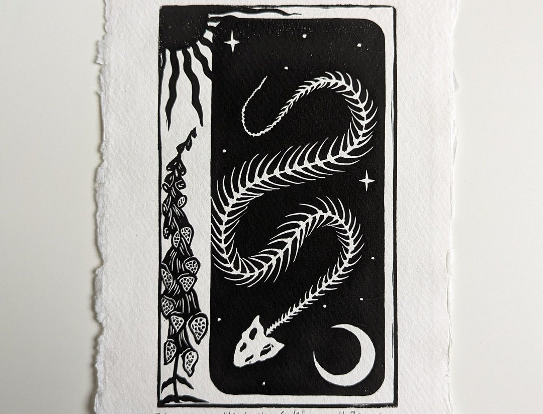 Nature's Cycle Snake Skeleton and Foxglove Linocut Print - Etsy