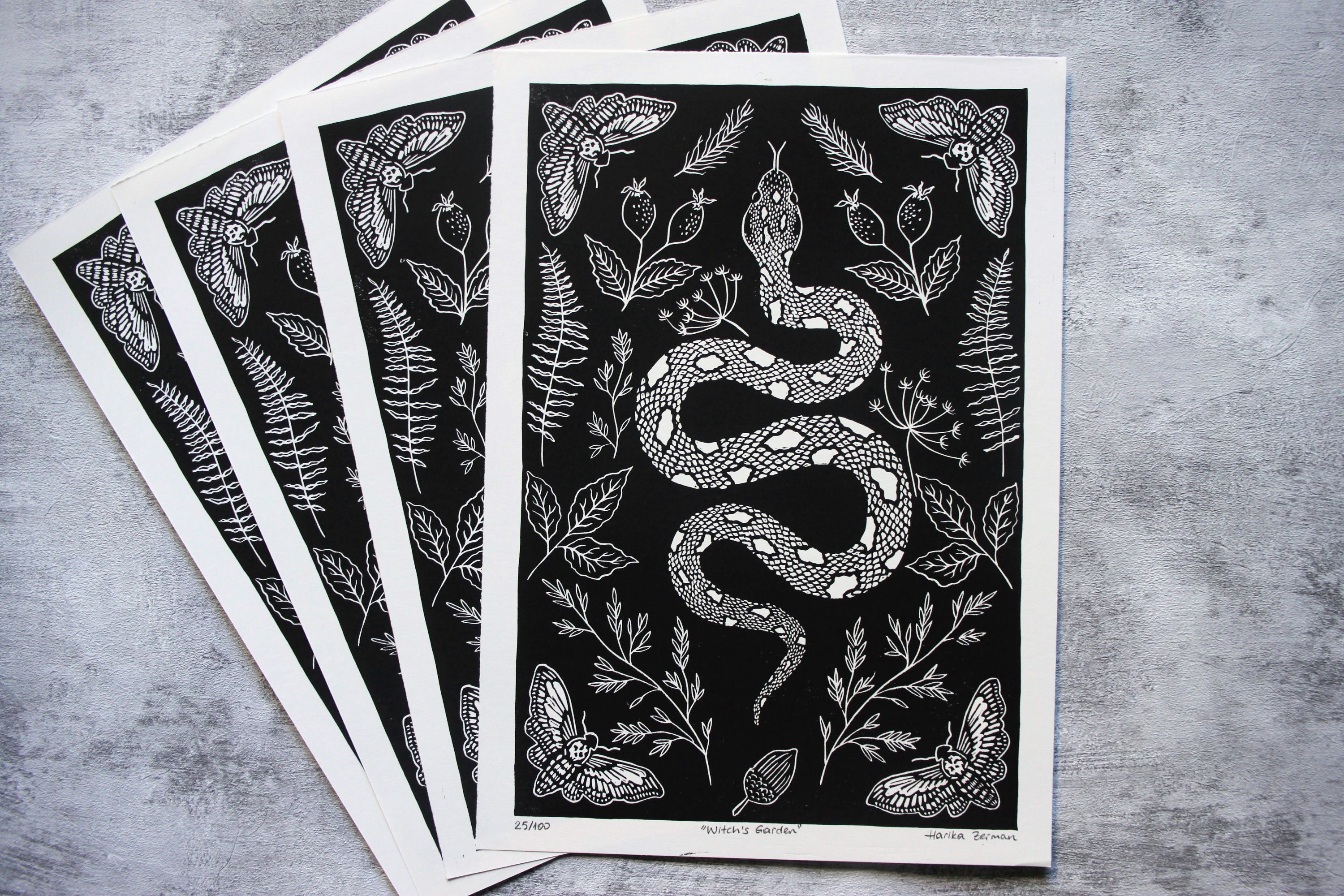 Witch's Garden Linocut Print, Snake and Moth Art Print - Etsy