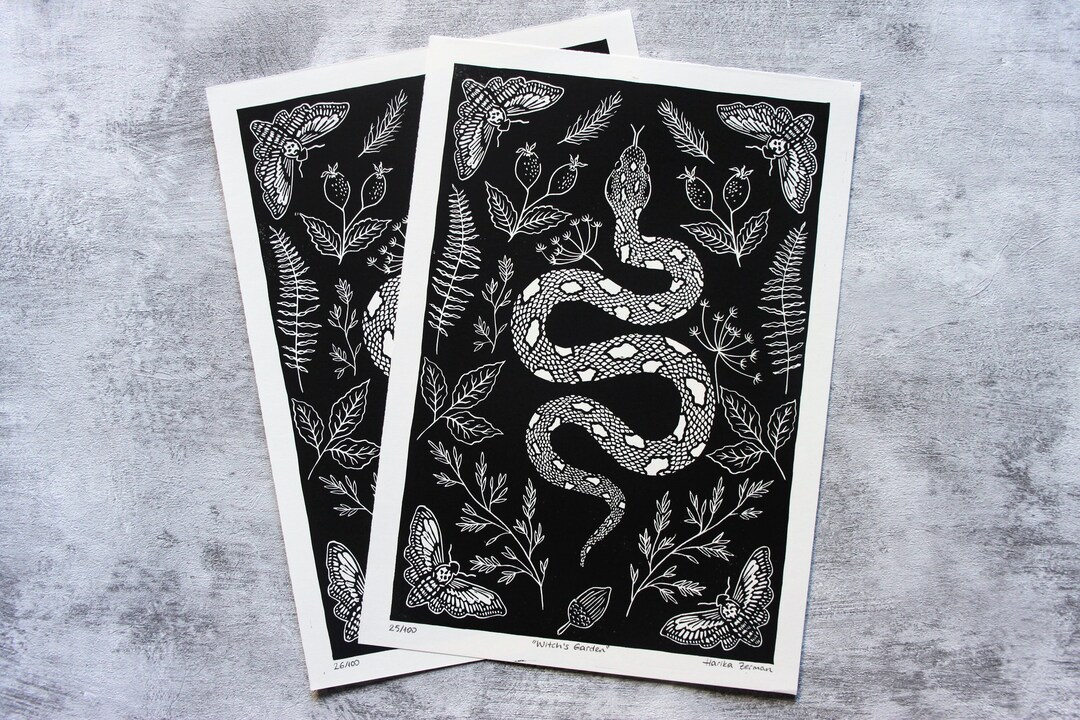 Witch's Garden Linocut Print, Snake and Moth Art Print - Etsy