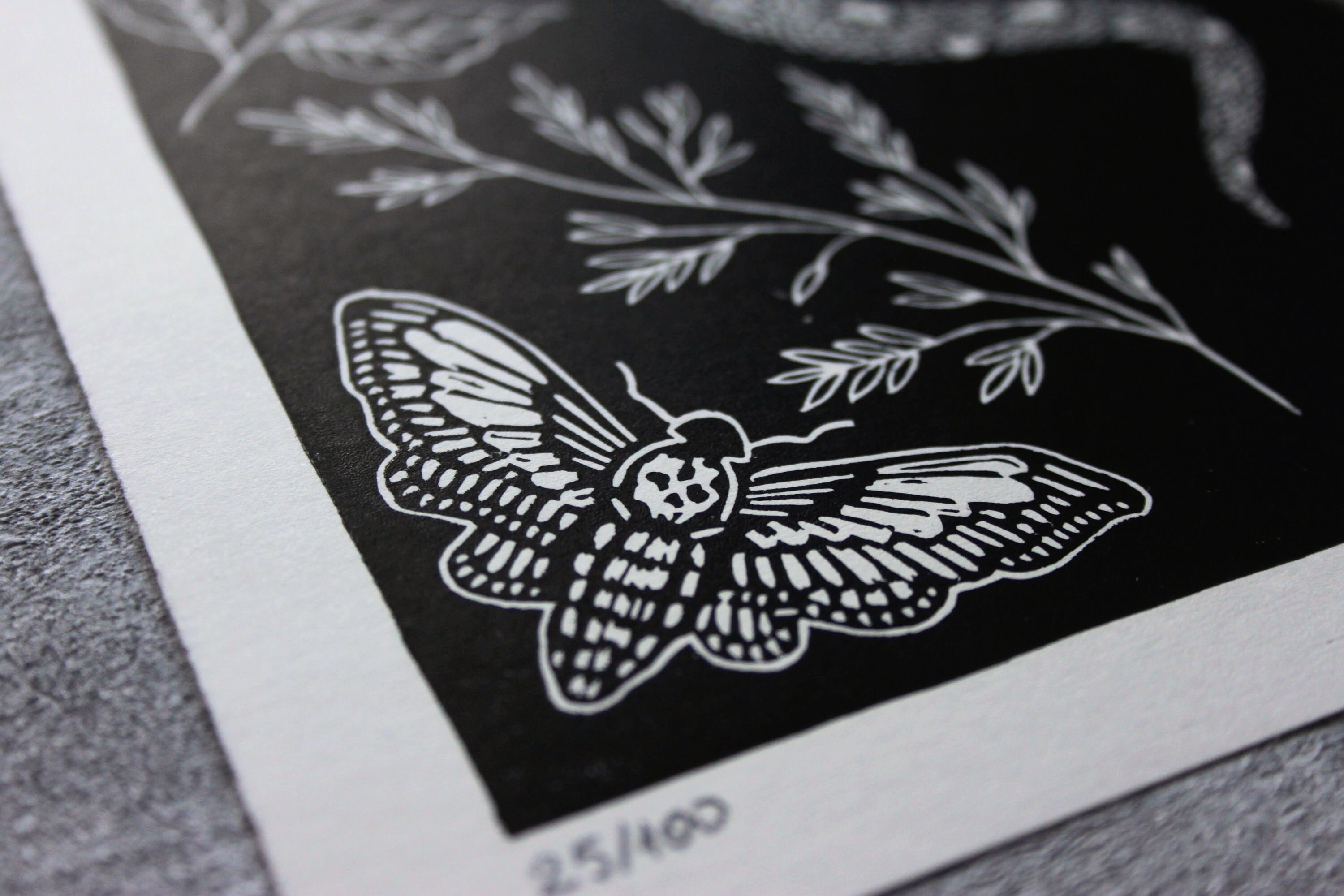 Witch's Garden Linocut Print, Snake and Moth Art Print - Etsy