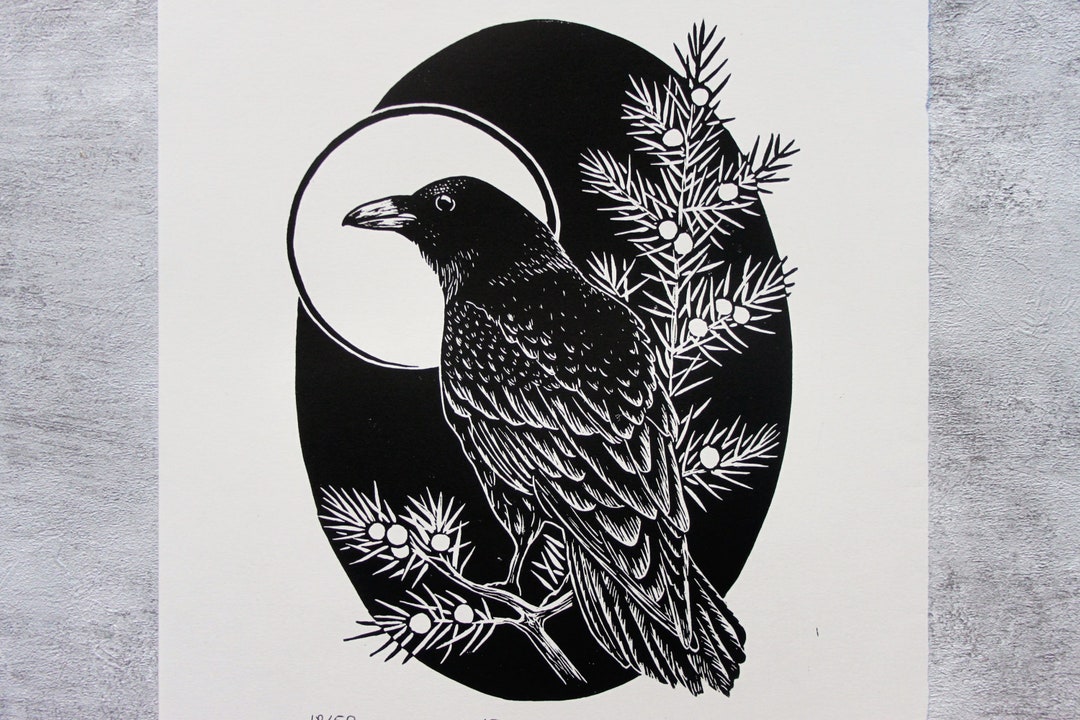 Raven Linocut Print, Crow and Moon Print - Etsy