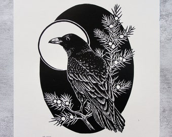 Raven and Moon Lino Print Art. Crow Art. Raven Art Print. Raven Moon ...