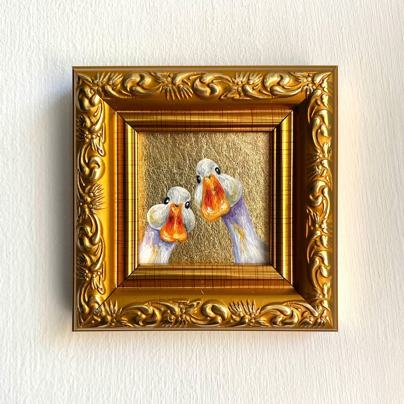 Hand-painted Goose Oil Painting With Gold Leaf, Miniature Framed ...